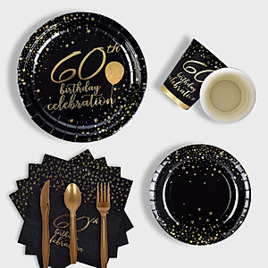 Gatherfun 60th Birthday Party Supplies Disposable Paper Plates Napkins Cups Knives Spoons Forks Tablecloth Banner Number 60 Balloons for Men Woman Black and Gold 60 Birthday Party Decorations Serve 25