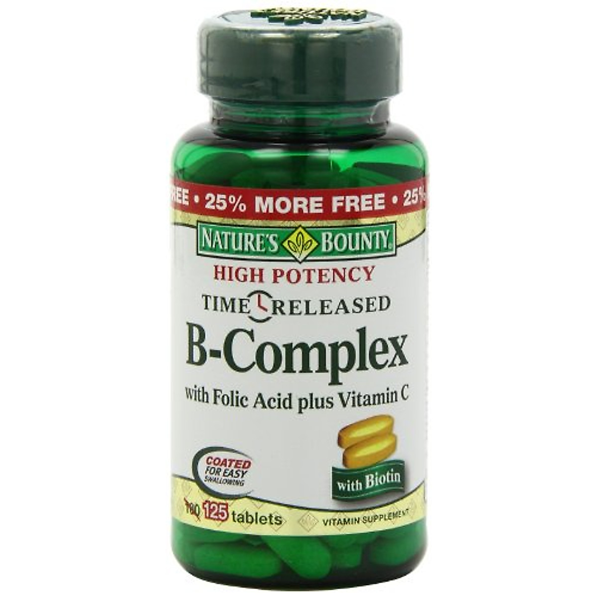 Vitamin B-Complex by Nature's Bounty, Time Released Vitamin Supplement w/ Folic Acid Plus Vitamin C, Supports Energy Metabolism and Nervous System Health, 125 Tablets (Pack of 3)