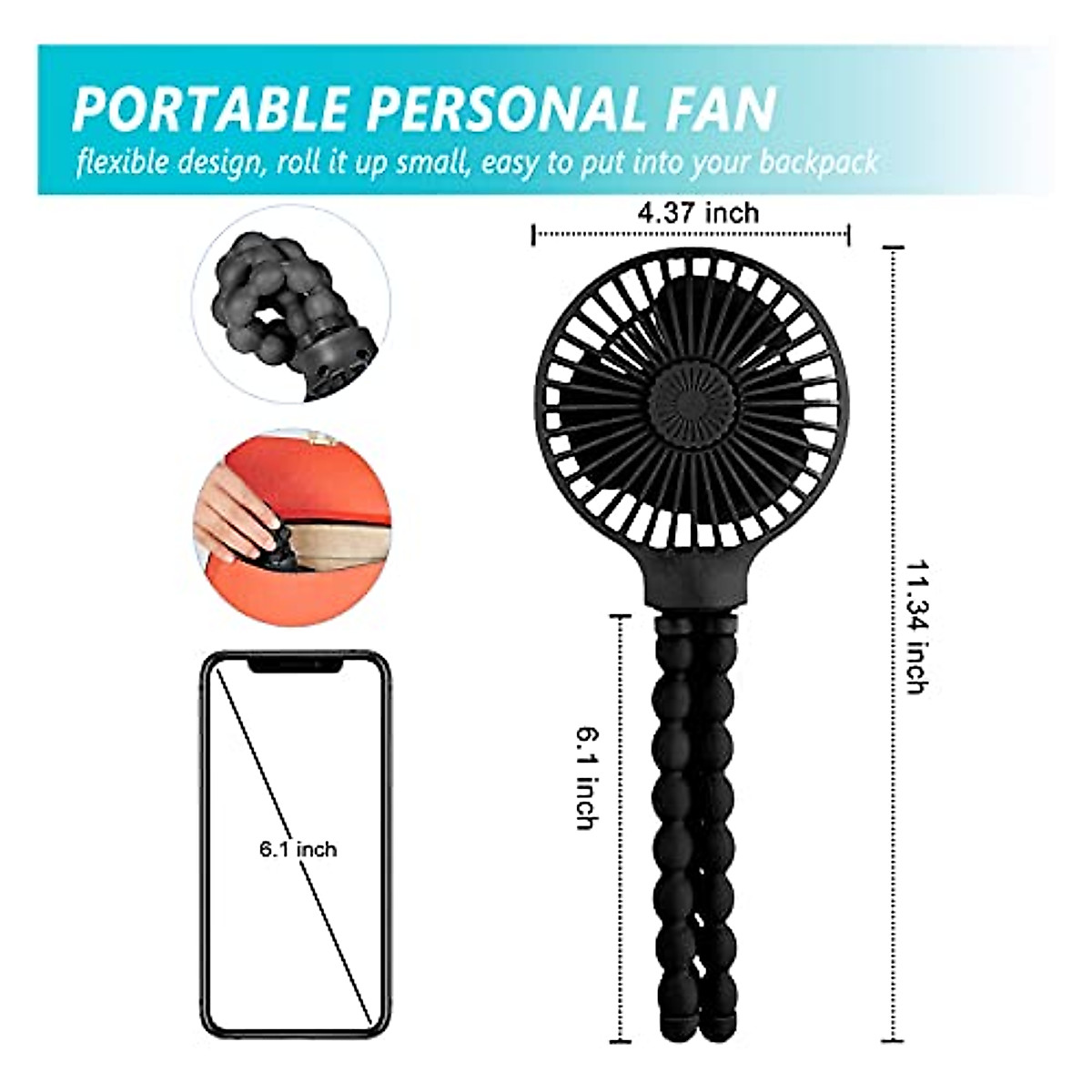 YKLWORLD Mini Baby Stroller Fan, Portable Fan Clip On with Flexible Tripod, USB or Battery Operated Handheld Personal Fan 3 Speeds Car Seat Fan for Desk Crib Bike Treadmill Travel Camping - Black