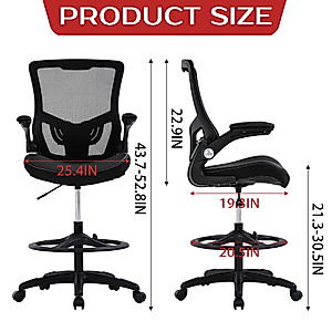 FDW Drafting Chair Mid-Back Mesh Tall Office Chair with Flip-Up Arms Desk Chair with Ergonomic Lumbar Support Foot Ring,Black