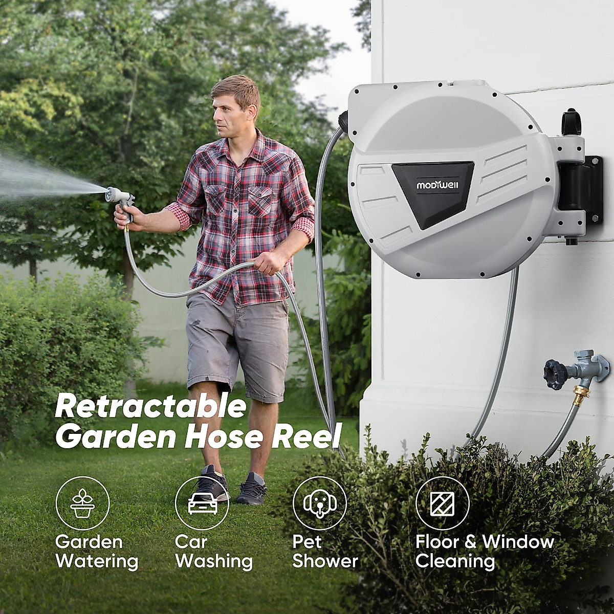 Retractable Garden Hose Reel Wall Mounted, 1/2 Inch x 100 ft + 6.6 ft Semi-Automatic Hose Reel with Brass Connector, 9 Pattern Hose Nozzle, Auto Rewind, Any Length Lock and 180° Swivel Bracket