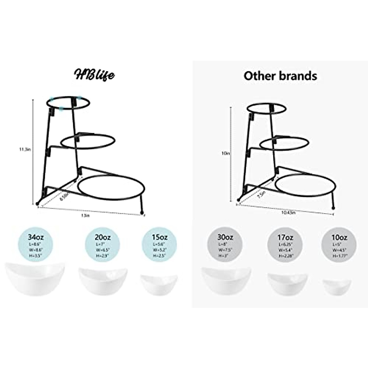 HBlife 3 Tier Oval Bowl Set with Metal Rack, Ceramic Fruit Bowl Serving, Tiered Serving Stand for Dessert Appetizer Cake Candy Chip Dip (Black)