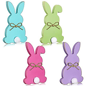 4 Pieces Easter Table Decorations Bunny Wooden Sign Spring Rabbit Wood Tabletop Block Freestanding Easter Tiered Tray Decor with Rope and Fluffy Tail Easter Decorations for Home Table Room Decor