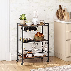 HOOBRO Bar Cart for The Home, 3-Tier Serving Cart on Wheels, Kitchen Cart with Wine Rack and Glass Holder, Rolling Beverage Cart for Living Room, Party, Bar, Rustic Brown and Black BF35TC01G1