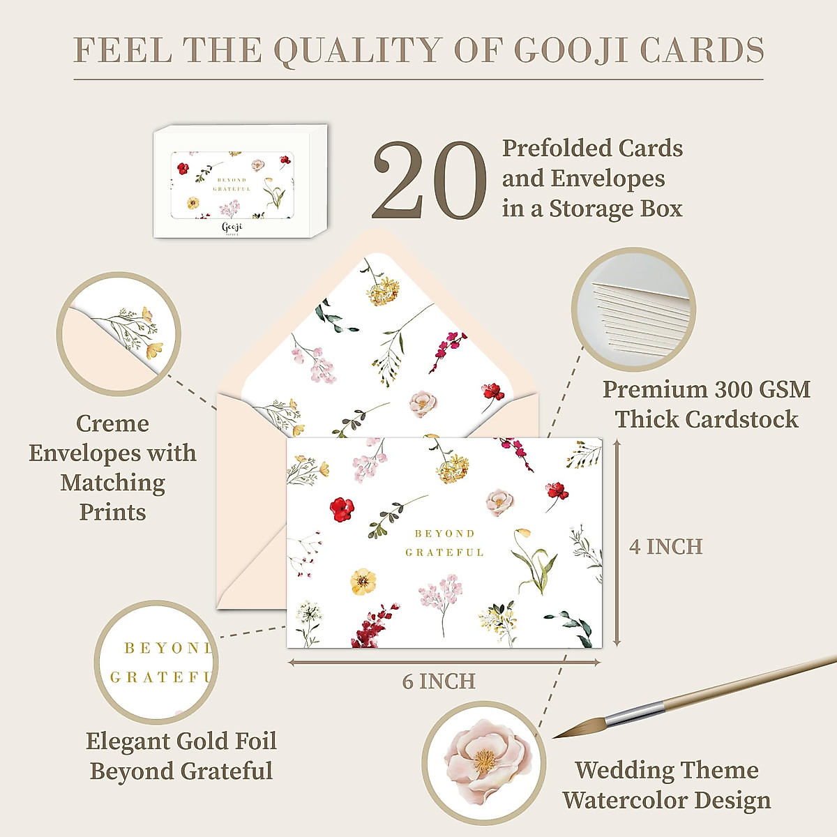 Gooji 4x6 Prairie Beyond Grateful Floral Thank You Cards with Envelopes Baby Shower Thank You Cards Girl (Bulk 20-Pack) Watercolor, Bridal Shower, Weddings, Small Business