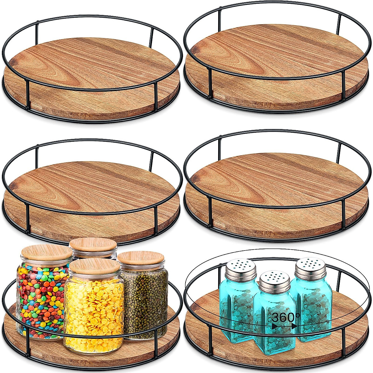 Wesiti 6 Pack Lazy Susan Organizer 9 Inch 10 Inch Wood Lazy Susan Turntable with Steel Edges 360 Degree Kitchen Countertop Organizer for Cabinet Pantry
