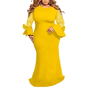 IyMoo Women's Sexy Plus Size Bodycon Ruffle Shoulder Cocktail Evening Mixi Dress Yellow 2XL
