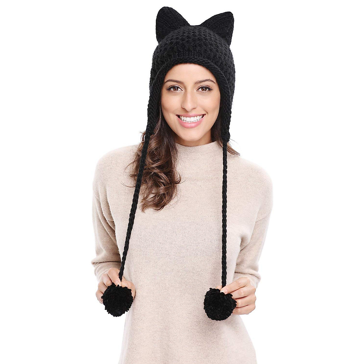 Bellady Winter Cute Cat Ears Knit Hat Ear Flap Crochet Beanie Hat, Black