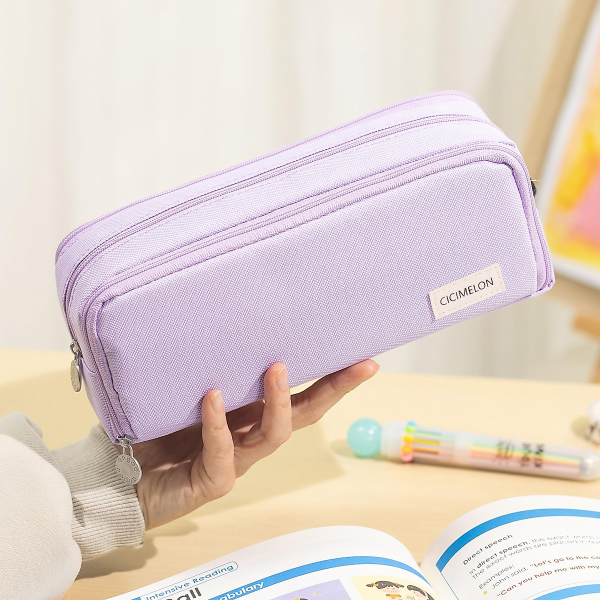 CICIMELON Large Capacity Pencil Case 3 Compartment Pouch Pen Bag for School Teen Girl Boy Men Women (Purple)