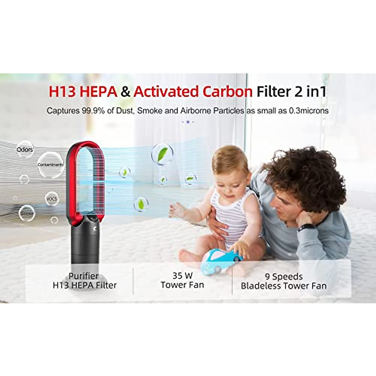 Bladeless Tower Fan & H13 HEPA Air Purifier & 1500W Space Heater 3in1, 120° Swing & 210° Tilt Head Table Fan, 29in. 35W Desk Fan with Remote, 9 Speeds 9H Timer Air Circulator for Home Office-Red