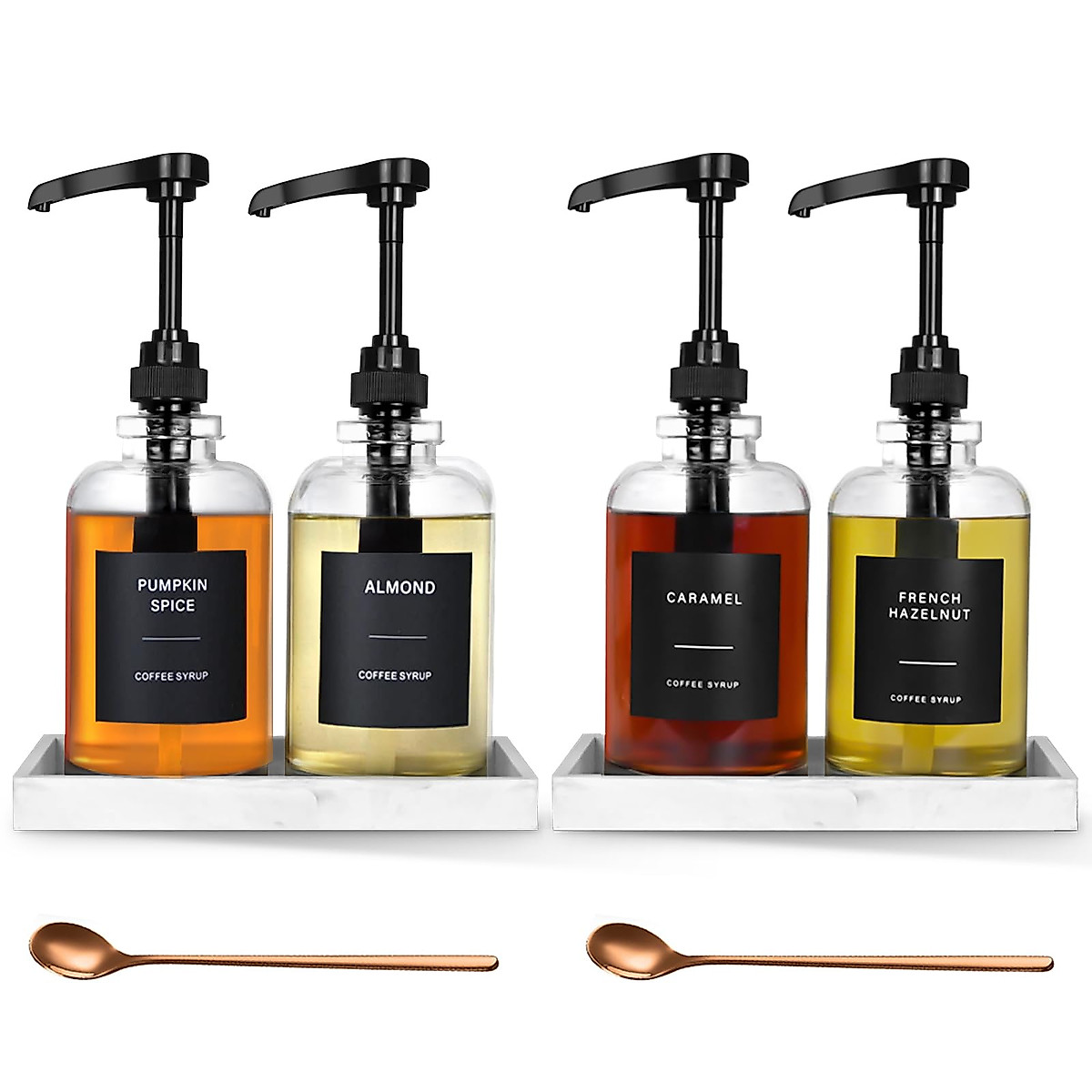 MUVEKA Coffee Syrup Dispenser for Coffee Bar, Glass Syrup Dispenser with Pump, Coffee Syrup Pump Dispenser Bottle with Tray, Spoon for Coffee Station, Coffee Bar Organizer, Black,16.9 oz, 500 ml