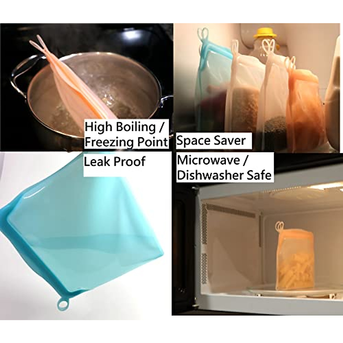 All- Purpose Reusable Silicone Ziplock Bag | Stand-Up: Small, Medium, Large | Space Saver | Travel Essentials, Make-up | Meal Prep | Storage | BPA free | Latex free| PVC free (Set of 4)