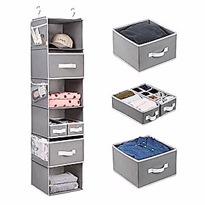 Univivi 6-Shelf Closet Hanging Storage Organizer, Hanging Closet Organizer with Drawers and 6 Side Pockets Closet Hanging Shelves for Baby, Nursery, Closet, Clothes, Tshirts - Gray