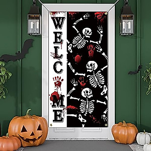 SENSEVEN Halloween Skull Door Banner, Scary Spooky Skeleton Halloween Welcome Door Cover, Day of The Dead Skeleton Halloween Holiday Porch Sign Door Decor Backdrop Banner 70.9 x 35.4 Inches