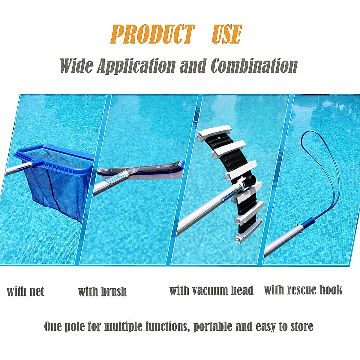 Upgraded Professional 16 Foot Swimming Pool Pole Telescopic Aluminum, 1.28mm Thicken Fits Pool Net Skimmer Rake Vacuum Head Brush Cleaning Heavy Duty, Adjustable 3 Section from 6 to 16ft Extension