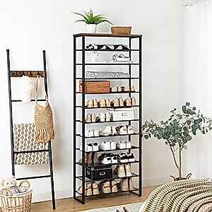 HOOBRO 12-Tier Shoe Rack, Large Capacity Shoe Storage Organizer, Holds 35-45 Pairs of Shoes, Metal Frame, Industrial, for Entryway, Closet, Hallway, Living Room, Rustic Brown and Black BF127XJ01