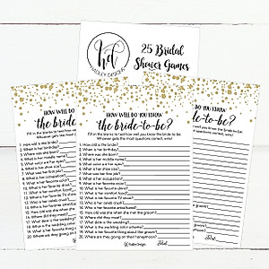 Hadley Designs 25 Black and Gold How Well Do You Know The Bride to be Bridal Wedding Shower or Bachelorette Party Game, Couples Guessing Question Set of Cards Pack, Printed Engagement