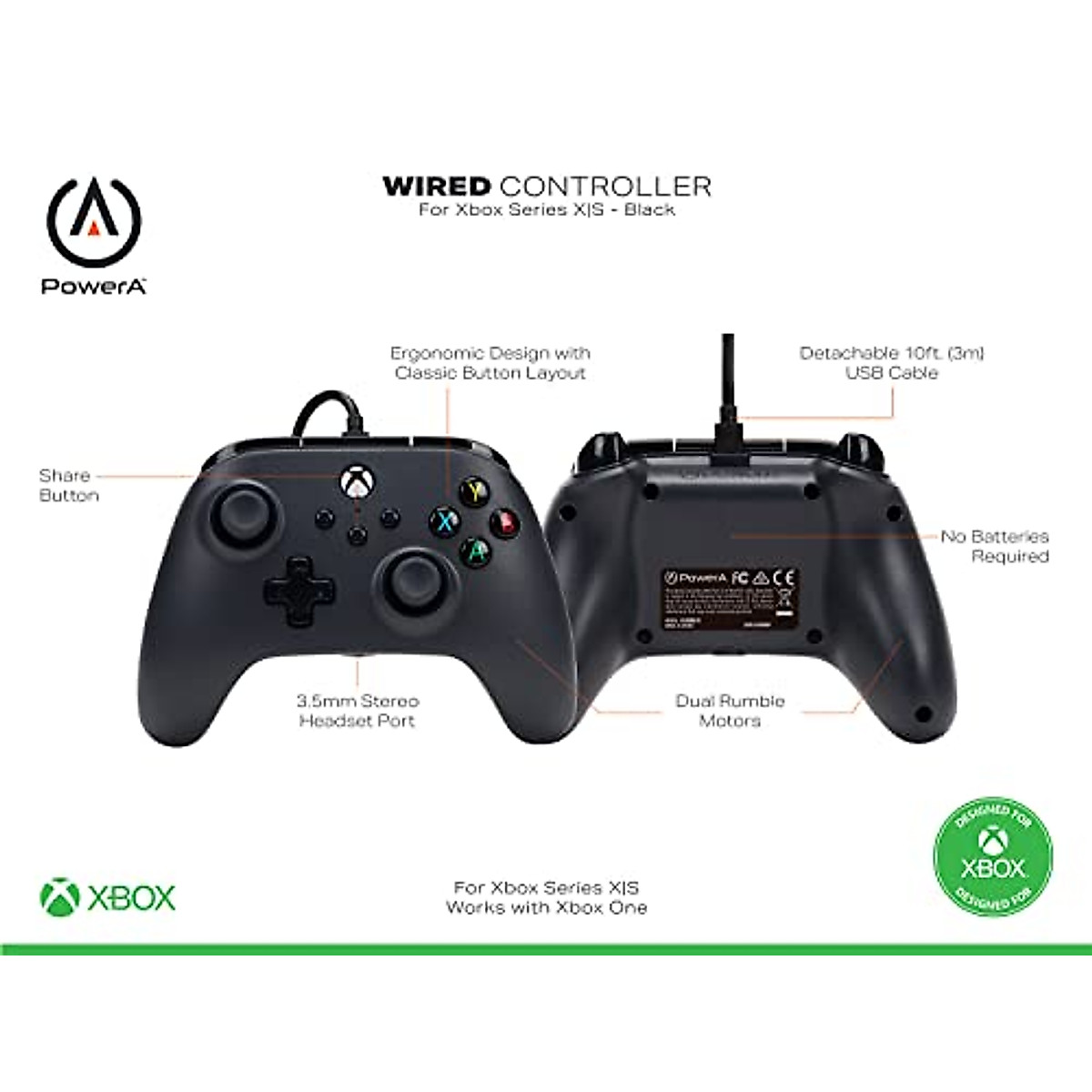 PowerA Wired Controller For Xbox Series X|S - Black, Gamepad, Video Game Controller Works with Xbox One