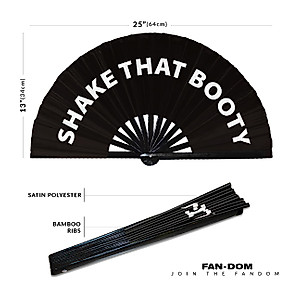 Shake that Booty hand fan foldable bamboo circuit hand fan funny gag slang words expressions statement gifts Festival accessories Rave handheld Circuit event fan Clack fans (Black)