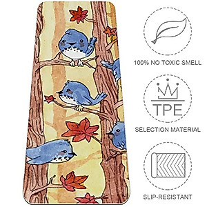 Unicey Thick Non Slip Exercise & Fitness 1/4 Yoga mat with Autumn Birds Rest On The Tree Maple Leaves Blue Print for Yoga Pilates & Floor Fitness Exercise (61x183cm)