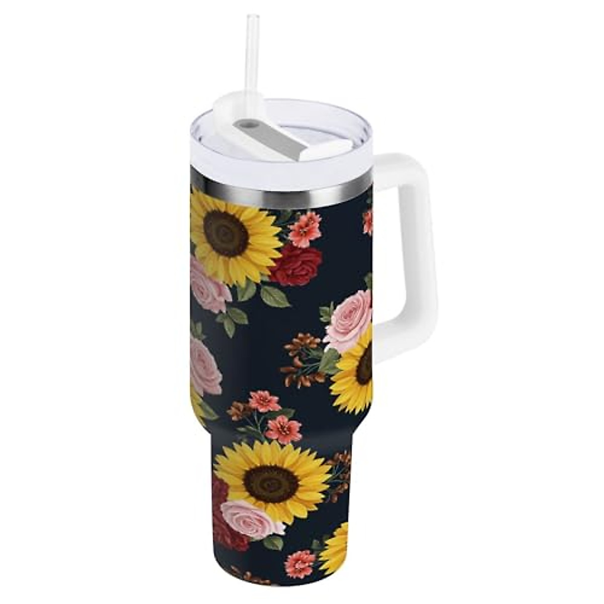 Jihqo Dark Sunflowers and Roses 40 oz Stainless Steel Vacuum Insulated Tumbler with Handle and Straw Lid, Leakproof Water Bottle Double Wall Travel Mug Coffee Cup, Cupholder Friendly