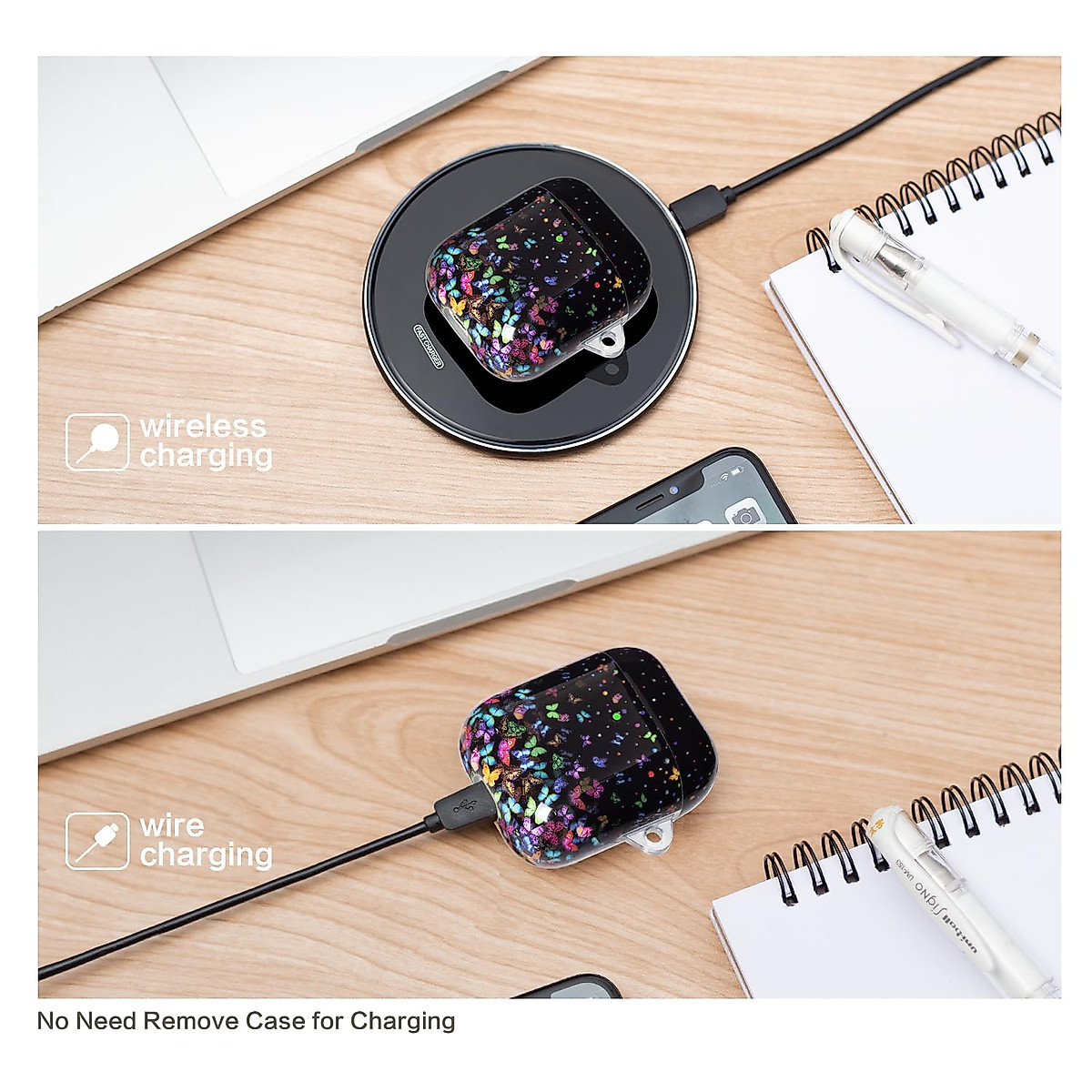 AirPod Case 2nd Generation Butterfly,AirPod Case 1st Generation Cute for Women Men with Keychain Silicone Cover Apple AirPods 2nd 1st Generation Charging Case Front Led Visible Colourful Butterflies