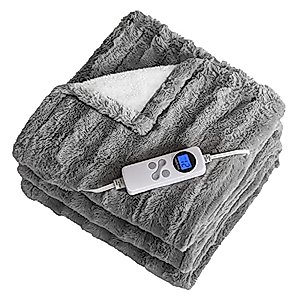 HOMLYNS Electric Heated Blanket Twin Size with 1-12hrs Timer Auto-Off &10 Heating Levels,Faux Fur & Sherpa Heating Blanket ETL Certified Machine Washable (62”x84”,Grey)
