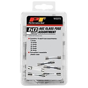Performance Tool W5375 60pc AGC Glass Fuse Assortment (5A, 10A, 15A, 20A, 25A, and 30A) in a Clear Plastic Case