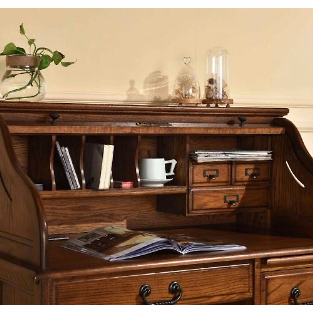 Small Home Office or Student Roll Top Desk- Solid Oak Wood Single Pedestal 40.5Wx24Dx45H BW Organizer Desk Quality Crafted Construction Locking File Drawers Dovetailed Secretary Desk Easy Assembly