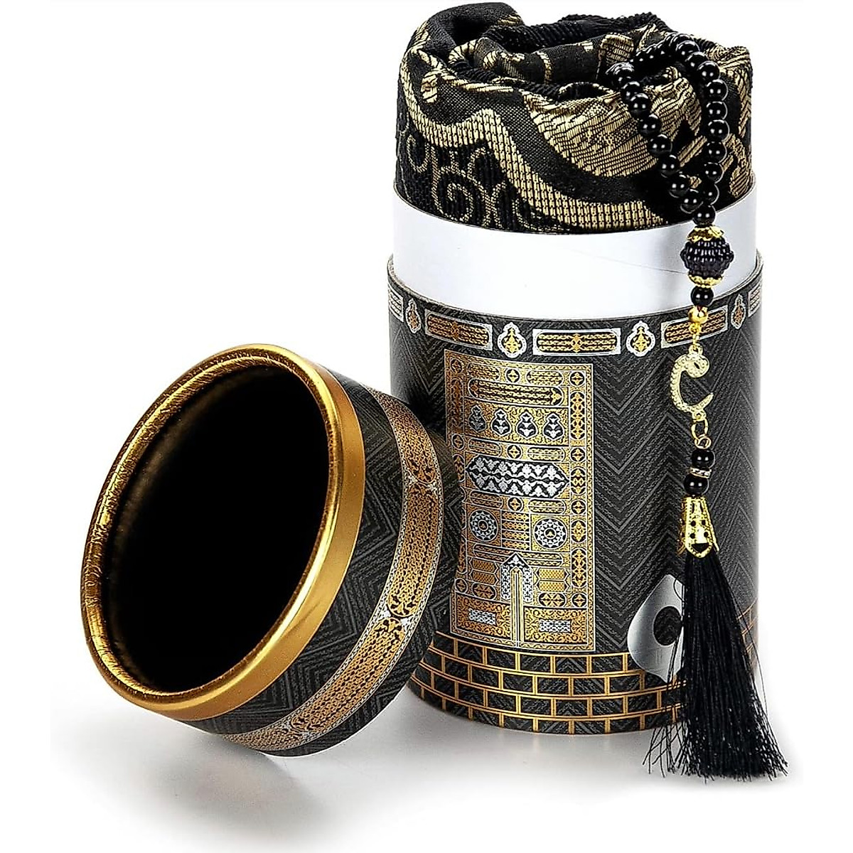 rolezyum Muslim Prayer Rug and Prayer Beads with Elegant Design Cylinder Gift Box, Janamaz, Sajadah, Soft Islamic Gifts Set, Carpet Mat, Taffeta Fabric (Black)