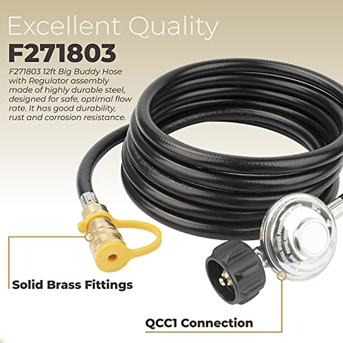 Ximoon F271803 Buddy Heater Adapter Hose Replacement for Mr. Heater F271803 12ft Big Buddy Hose with Regulator, 3/8 inch Female Quick Connect x QCC1 Propane Tank Connection