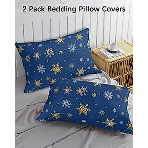 Edwiinsa Navy Gold Snowflake Pillow Covers King Standard Set of 2 Bed Pillow, Plush Soft Comfort for Hair/Skin Cooling Pillowcases with Envelop Closure 20x36 Inches Christmas Minimalist White Blue