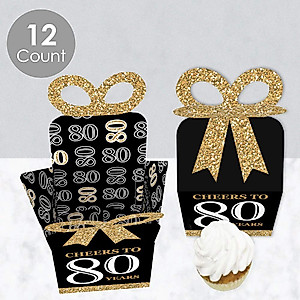 Big Dot of Happiness Adult 80th Birthday - Gold - Square Favor Gift Boxes - Birthday Party Bow Boxes - Set of 12