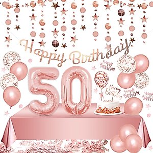 50th Rose Gold Birthday Party Decoration - Happy Birthday Banner, Glitter Circle Dot Garland Streamer, Cake topper, Foil Tablecloth, Rose Gold 50th Balloons, for Women Girl Birthday Party