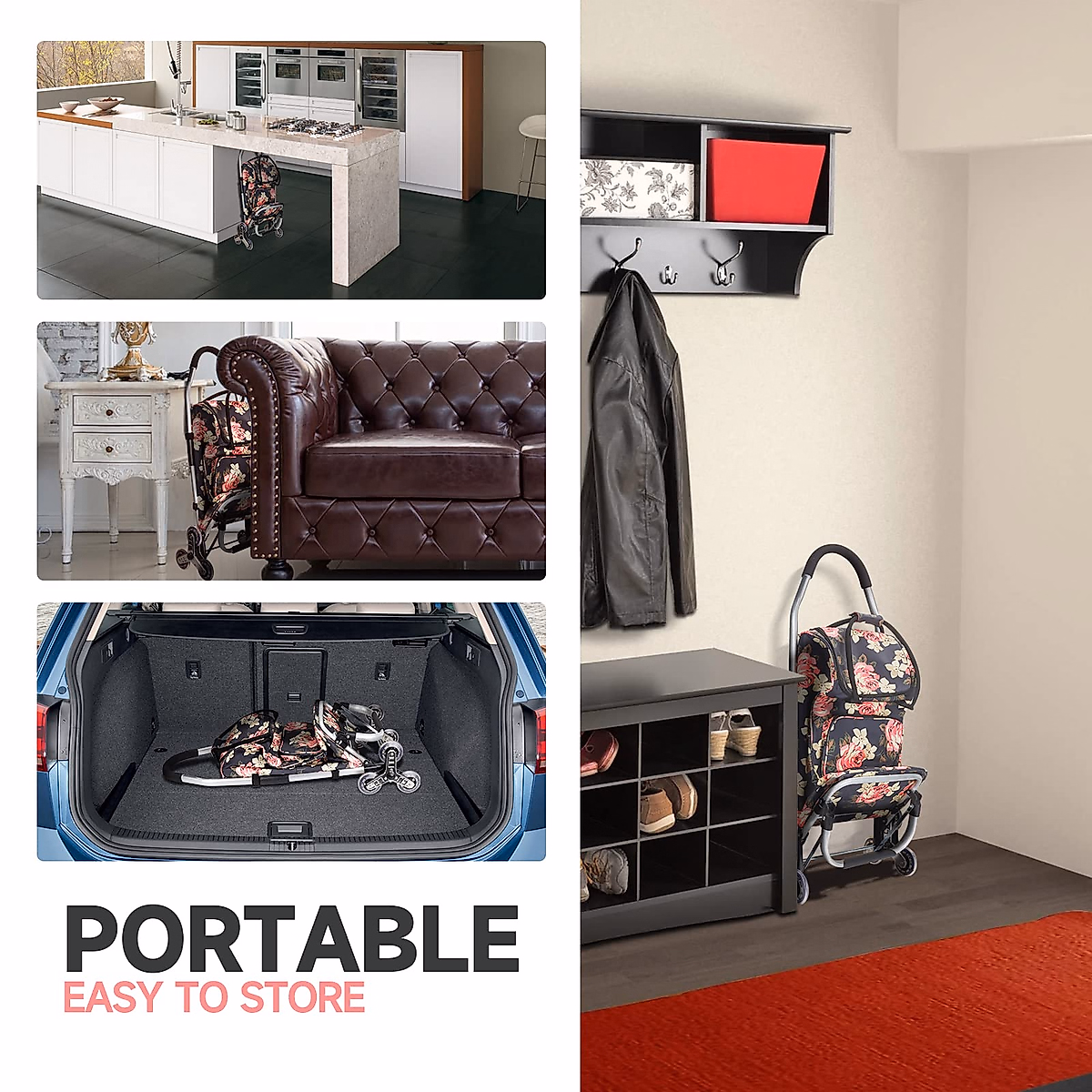 Honshine Shopping Cart on Stair Climbing Wheels, Family Size Grocery Cart with Waterproof Removable Bag & Soft Cushion Handle, Folding Trolley for Groceries Laundry Camping Book Beach (Rose)