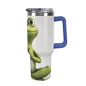 40 Oz Vacuum Tumbler with Deep Blue Handle Leakproof Insulated Tumbler The Funny Frog Doing Yoga Stainless Steel Travel Mug with Lid And Straw Coffee Cup Cute Water Bottles Cup Holder Friendly