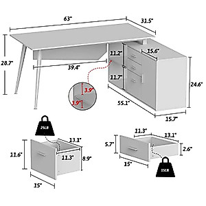 Homsee Home Office Computer Desk L-Shaped Corner Desk with 3 Drawers, 2-Tier Open Shelves & 1 Door, 63 Inch Large Wooden Study Writing Table with Storage Cabinet & Metal Legs, White
