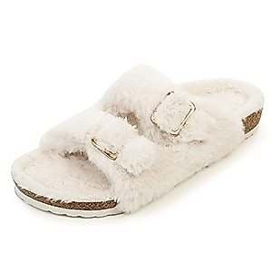 FITORY Womens Open Toe Slipper with Cozy Lining,Faux Rabbit Fur Cork Slide Sandals Beige Size 8