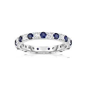CTIEIP 10K/14K/18K Gold Sapphire Diamond Eternity Band for Women Real Diamond and Simulated Sapphire Eternity Wedding Ring Jewelry Gift for Her