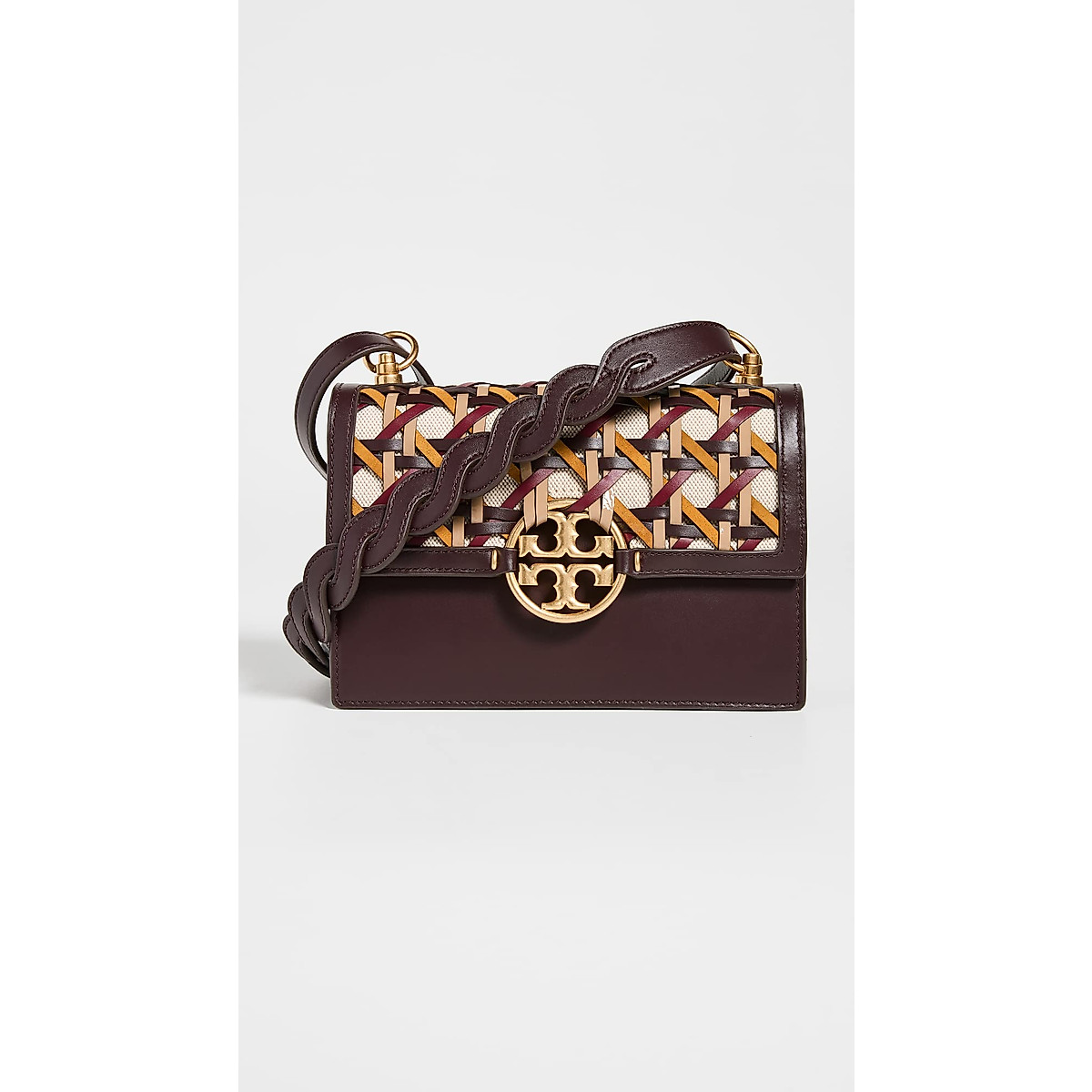 Tory Burch Women's Miller Basketweave Small Flap Shoulder Bag, Tempranillo Mix, Brown, One Size
