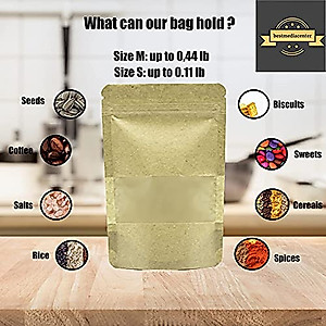 spear Kraft Paper Stand Up Food Storage - Bags with Window Zip Lock Pouch Bags,Resealable Seal Zipper Matt Small Treat Cookie Baked Goods Tea Bakery Rice for Packaging Brown 2 Different Sizes 100 pcs: 6 x 4 in(40pcs) and 4x3 in(60pcs) and 1 Bamboo Wood Sp