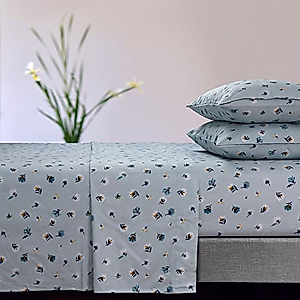 Tribeca Living Floryn 170-GSM Ultra-Soft Flannel Extra Deep Pocket Sheet Set, Oversized Flat, Queen, Light Blue (FLORYNSHEQUBL)