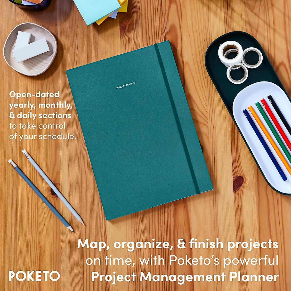 POKETO – Hardcover Project Planner - 11.9" x 8.4" - Undated - Weekly, Monthly & Yearly Notebook - Daily Planner - Note Taking - Eco-Friendly Journal - Home, School & Office Supplies - Teal