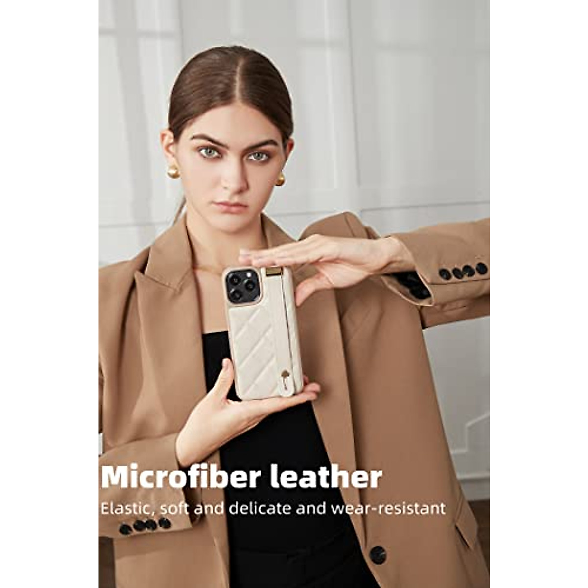 ZVE iPhone 13 Pro Max Case with Strap, Luxury Shockproof Quilted Leather Case with Stand for Women Cover Case Compatible with Apple iPhone 13 Pro Max, 6.7 Inch-Beige