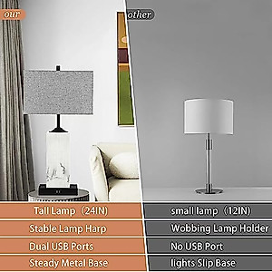 TUUANA Table Lamps for Living Room Set of 2, Modern Bedside Lamps with 2 USB Ports for Bedroom Nightstand, Large End Table Lamps with Grey Fabric Shades for Office Dorm Hotel, Imitation Marble Finish
