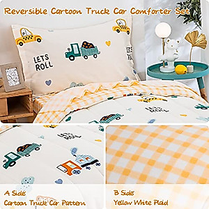 Drucon Cartoon Truck Toddler Comforter Set 4pcs Cotton Bedding Soft Reversible Bedding Set for All Season (1 Comforter,1 Flat Sheet, 1 Fitted Sheet and 1 Pillowcase)
