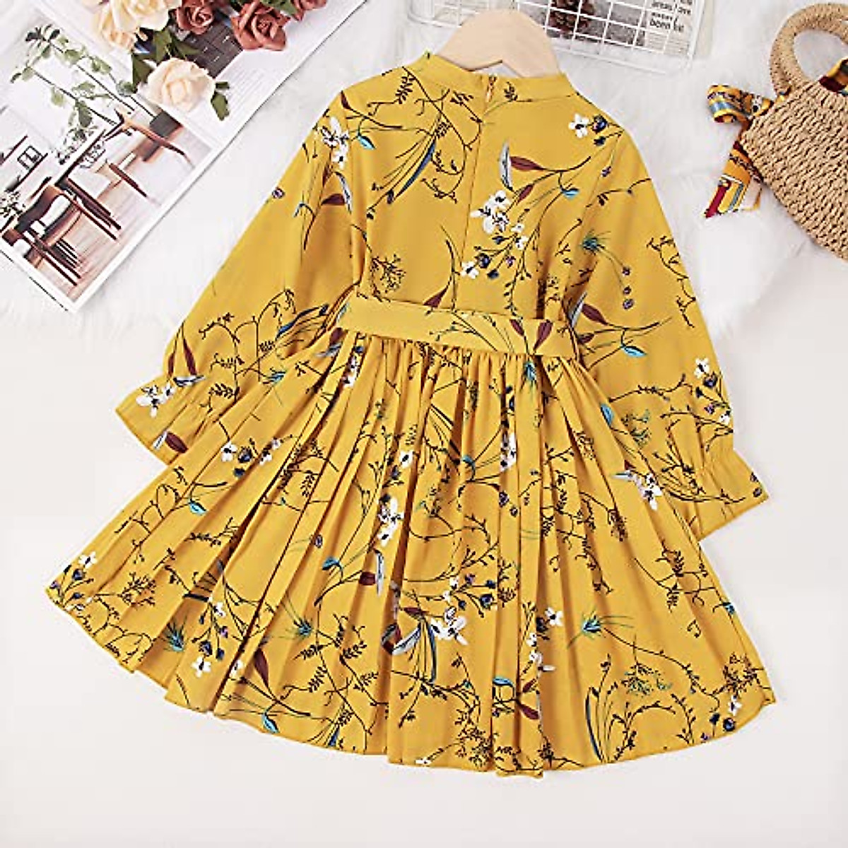 CM C&M WODRO Toddler Baby Girl Floral Dress Long Sleeve Mustard Yellow Dresses Flower Print Ruffle Playwear Fall Winter Dress(Yellow,5-6 Years)