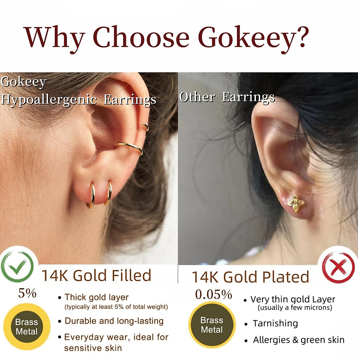 Gokeey Gold Hoop Earrings Set: 14k Gold Plated Lightweight Hoops - Huggie, Cartilage (6mm-12mm)