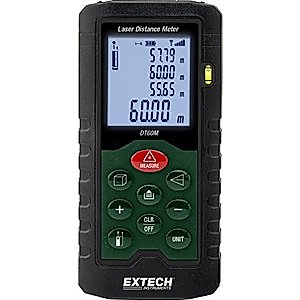 Extech DT60M Laser Distance Meter, Measurements up to 196 feet, Backlit LCD Display, Integrated Pythagorean Theorem, 20 Point Memory, Stakeout Function, Handy Built-in Bubble Level