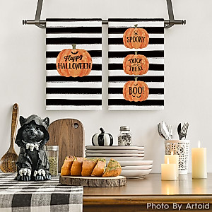 Artoid Mode Watercolor Stripes Happy Halloween Kitchen Towels and Dish Towels, 18 x 26 Inch Spooky Trick Boo Pumpkins Holiday Ultra Absorbent Drying Cloth Hand Towels for Cooking Baking Set of 2